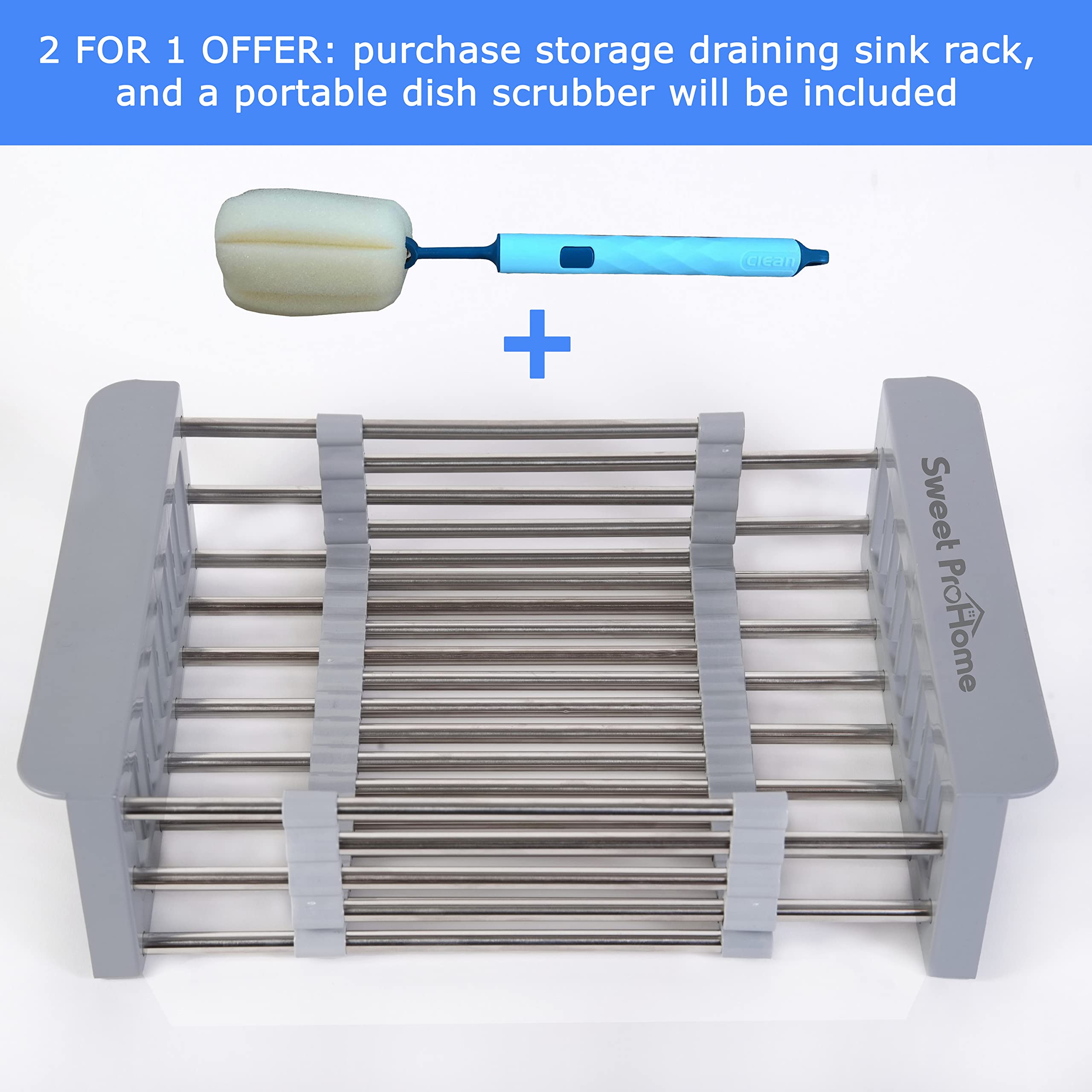 Dish Drying Rack + Handheld Scrubber/2-in-1 Offer/Multipurpose Adjustable Dish Rack + Fruit & Vegetable Strainer/Durable Stainless Steel Over Sink Dish Drying Rack/Drying Rack for Kitchen Sink Basket