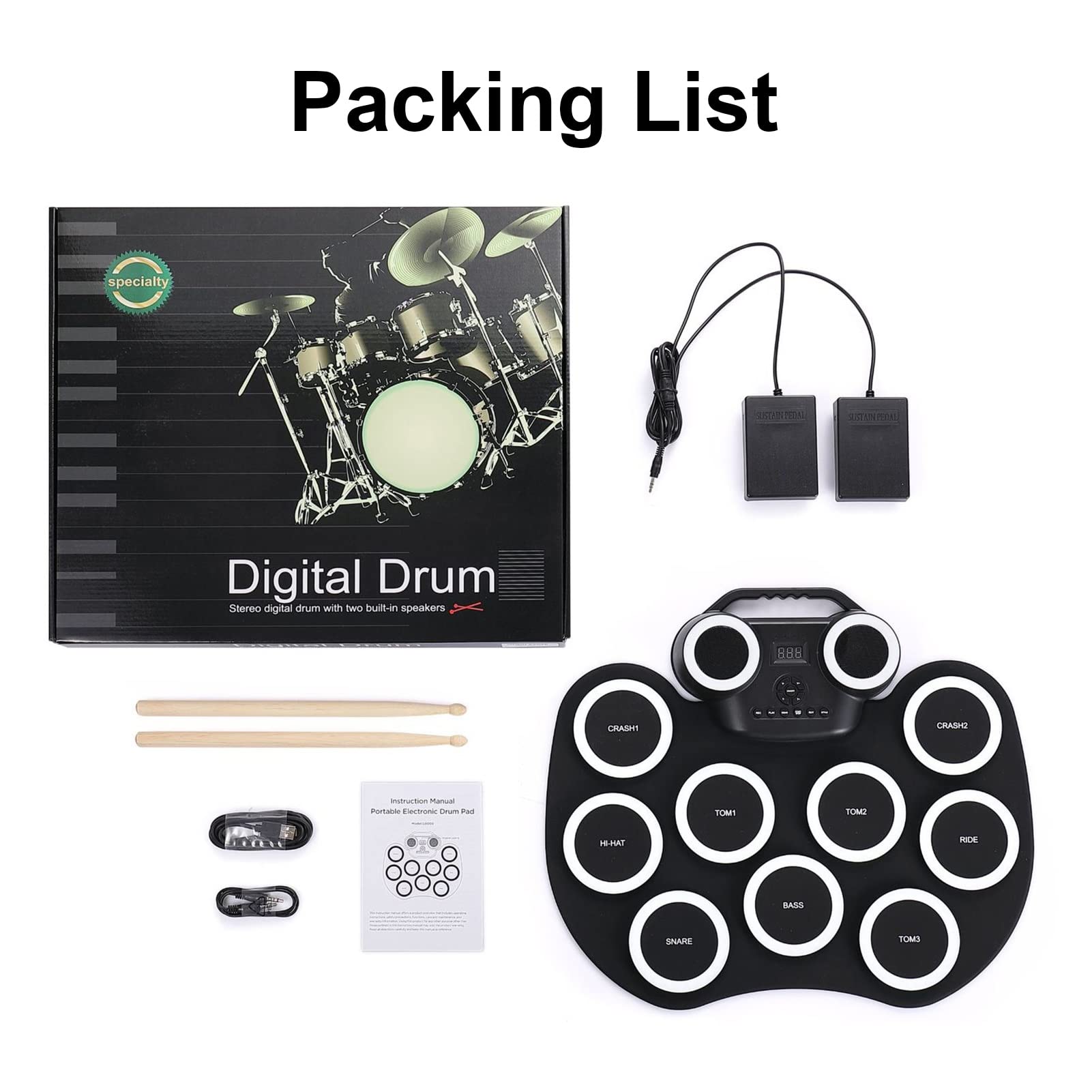 Electronic Drum Kit 9 Pads Roll-up Practice Drum Set With Colorful LED Lights For 10h Playing Built-in Dual Speakers Headphone USB Jack And Foor Pedals Great Chrismas Birthdays Gift For Beginners ( Co
