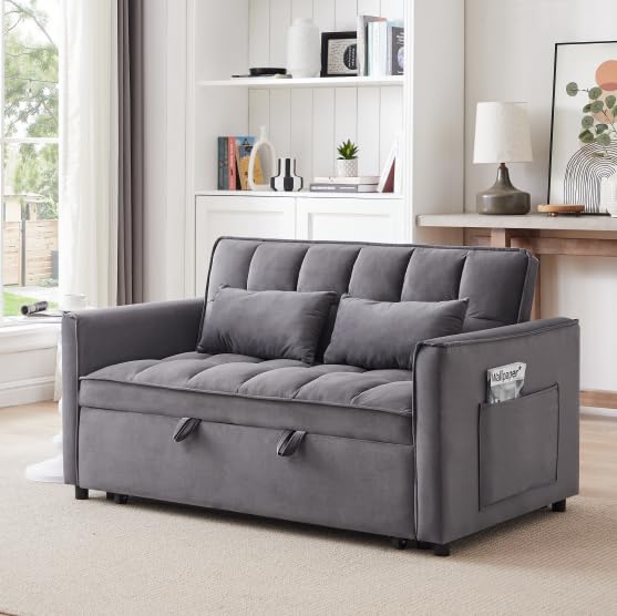 LUMISOL 3 in 1 Sleeper Sofa Couch Bed with Pillows, 55.1β Velvet Convertible Double Sofa Bed with Adjustable Back and Storage Packets, Pull Out 2-Seater Sleeper for Living Room, Dark Grey