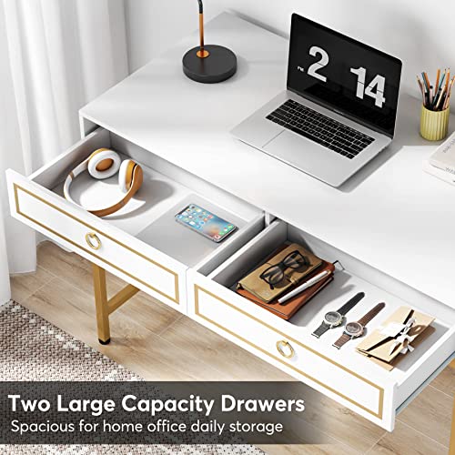LITTLE TREE Drawers Computer Desk, 43.31β W x 21.65β D x 31.5βH, White and Gold