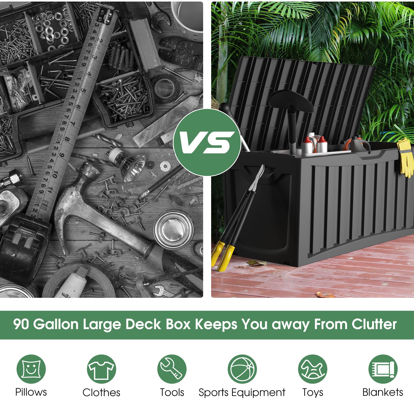 Goplus Outdoor Storage Box, Waterproof 90 Gallon Deck Box with Lockable Lid, Moving Rollers, Handle for Cushion, Pillow, Toy Garden Tools, Outdoor Resin Patio Storage Box for Lawn Yard, Easy Assembly