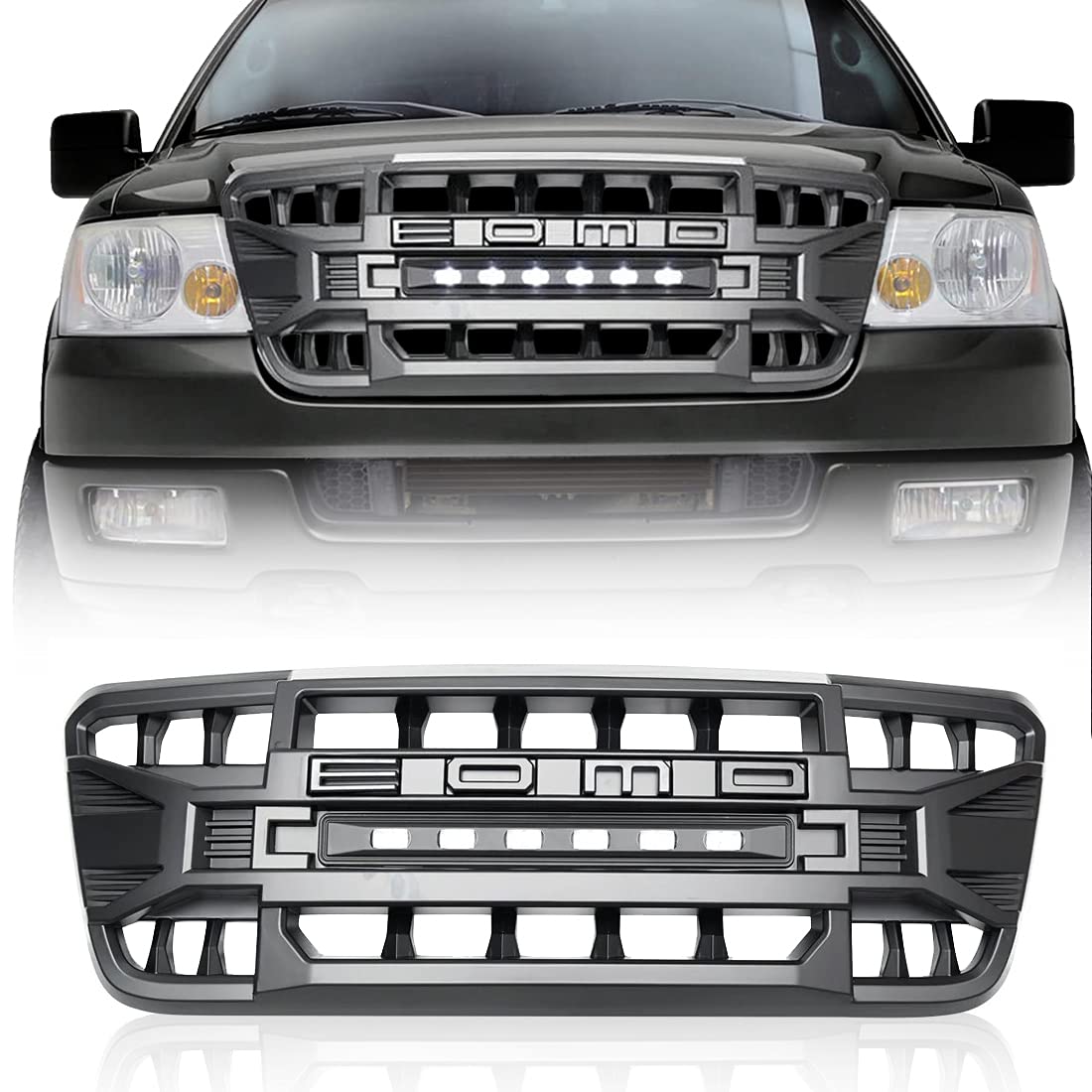 EOMD Front Grill for F150 2004 2005 2006 2007 2008, w/Off-Road Lights, Removable Letters, Matte Black