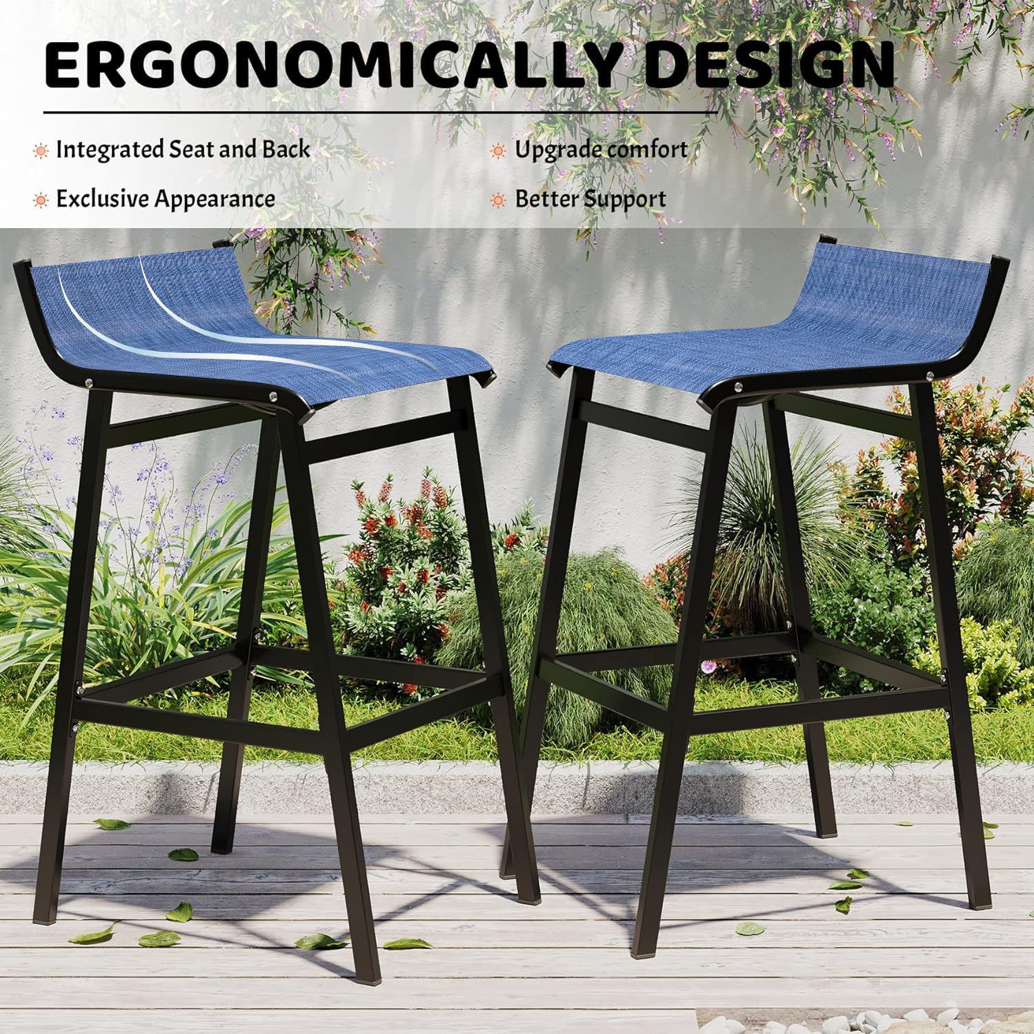 Sundale Outdoor Patio Metal Bar Stools Set of 2, Low Back Counter Height Tall Chairs, High Top Armless Pub Seat Barstools for Outside Porch Yard Deck Balcony, Modern Blue