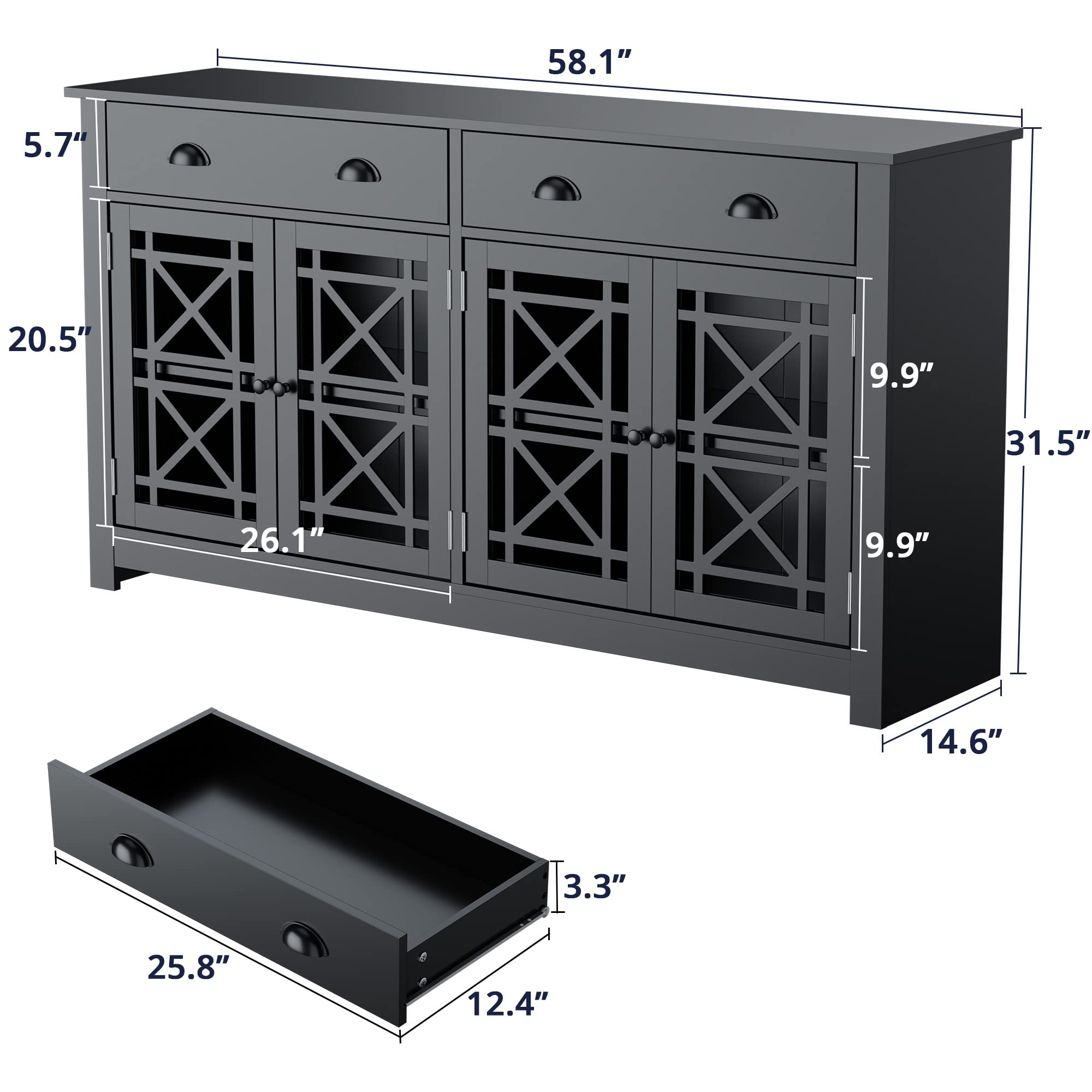 Cozy Castle Modern Buffet Cabinet with Drawers, Wood Sideboard Buffet Cabinet with 4 Acrylic Glass Doors, Freestanding Bar Cabinet, White