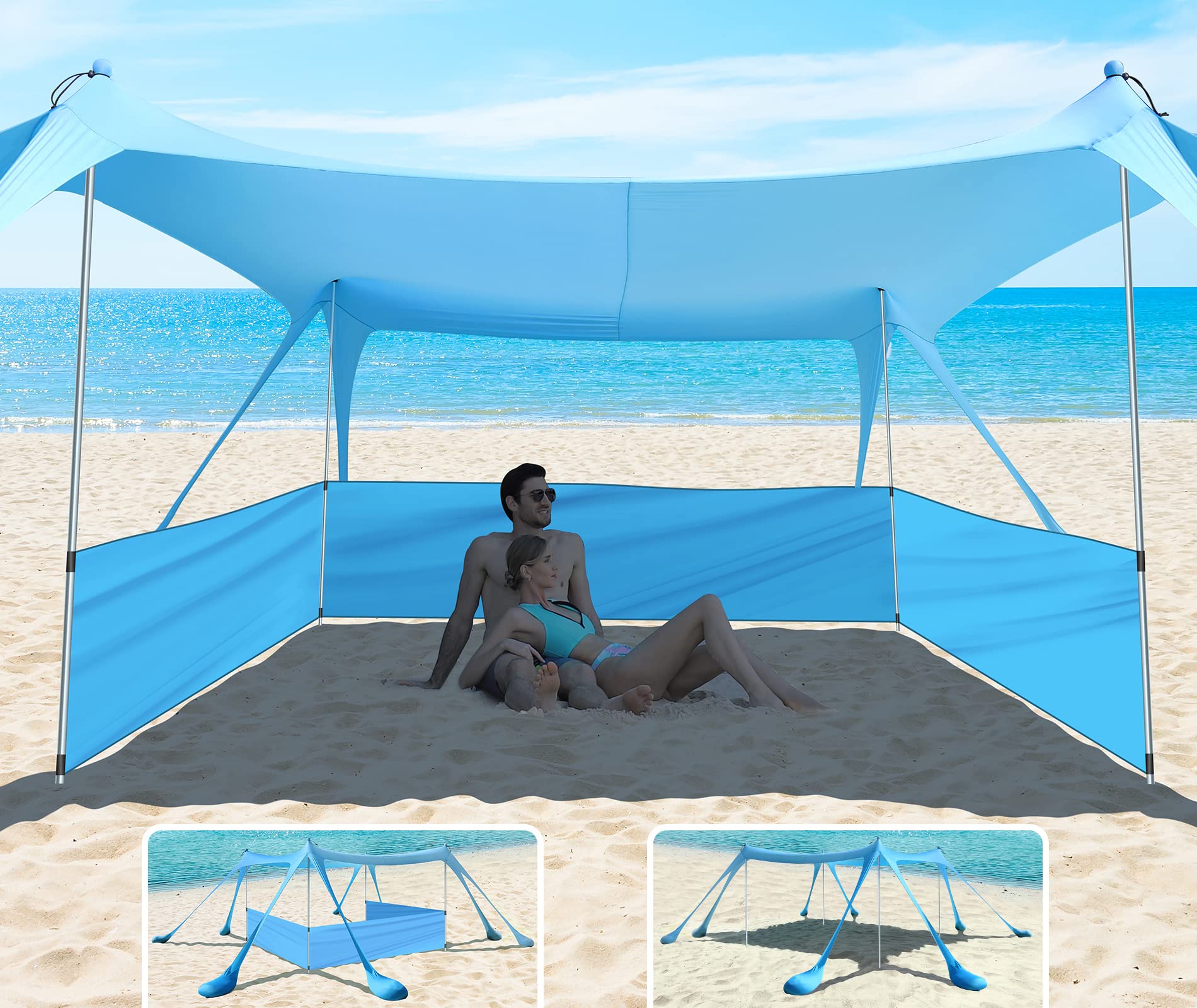 EYEFAME UPF50+ Anti-Wind Beach Tent with Sandproof Private Beach Wind Screen, Stable 8 Sandbags Design Beach Canopy Sun Shade with Carrying Bag, Portable Easy Assemble Sun Shelter for Outdoor Camping