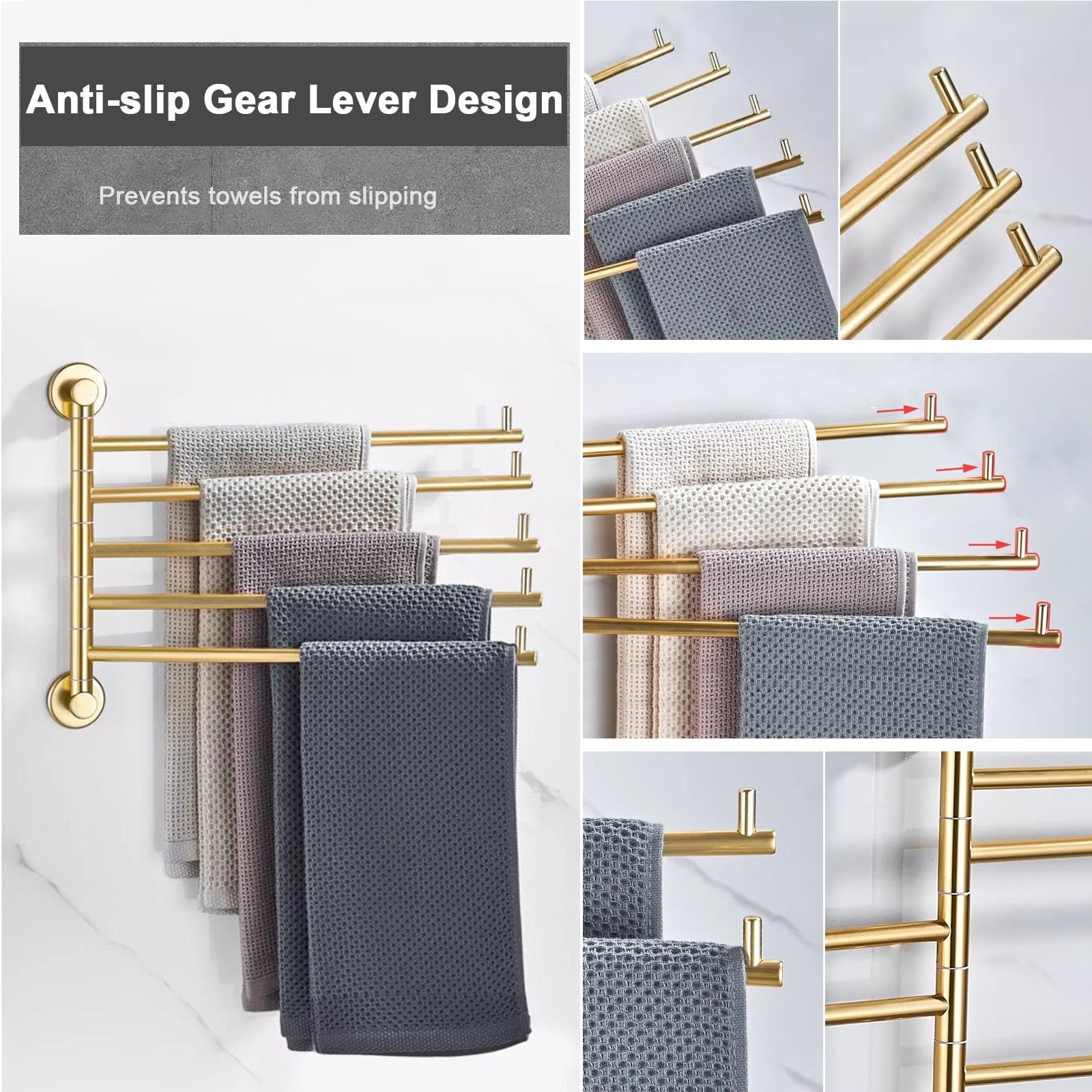 Swivel Gold Bathroom Towel Holder,Swing Out Towel Racks for Bathroom Kitchen,Wall Mount Drying Racks for Laundry,Rustproof Solid Aluminium Towel Hanger Storage Organizer Space Saving Towel Rails