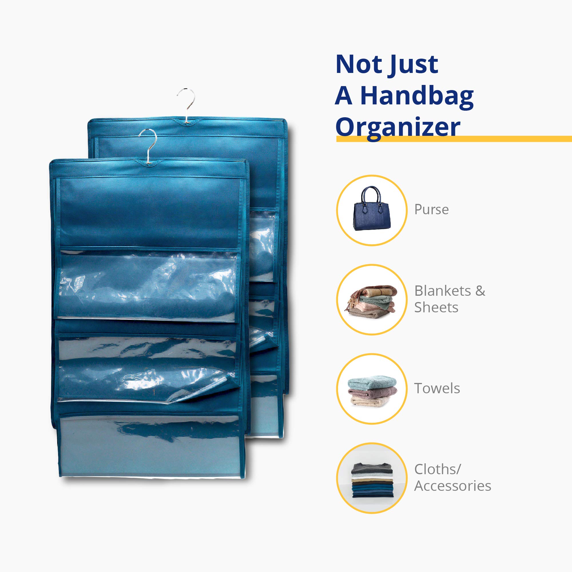 OrganizeME Bag Hanging Organizer for Closet Clear Handbag Organizer for Purses, Handbags Etc. 5 Easy Access Clear Vinyl Pockets with 360 Degree Swivel Hook 2 Pack
