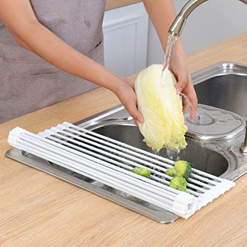 ZOIMINU Dish Drainer, White Roll Up Dish Drying Rack, Over Sink Drying Rack with Silicone-Coated, Heat-Resistant Anti-Slip Dry Rack for Dishes Cups Fruits Vegetables - 17" x 13.1"