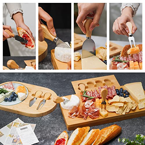 KAHOO Bamboo Cheese Board Set, Wooden Charcuterie Board Serving Platter with Knife Set, for Wine, Cheese, Meat, Fruit, Vegetable