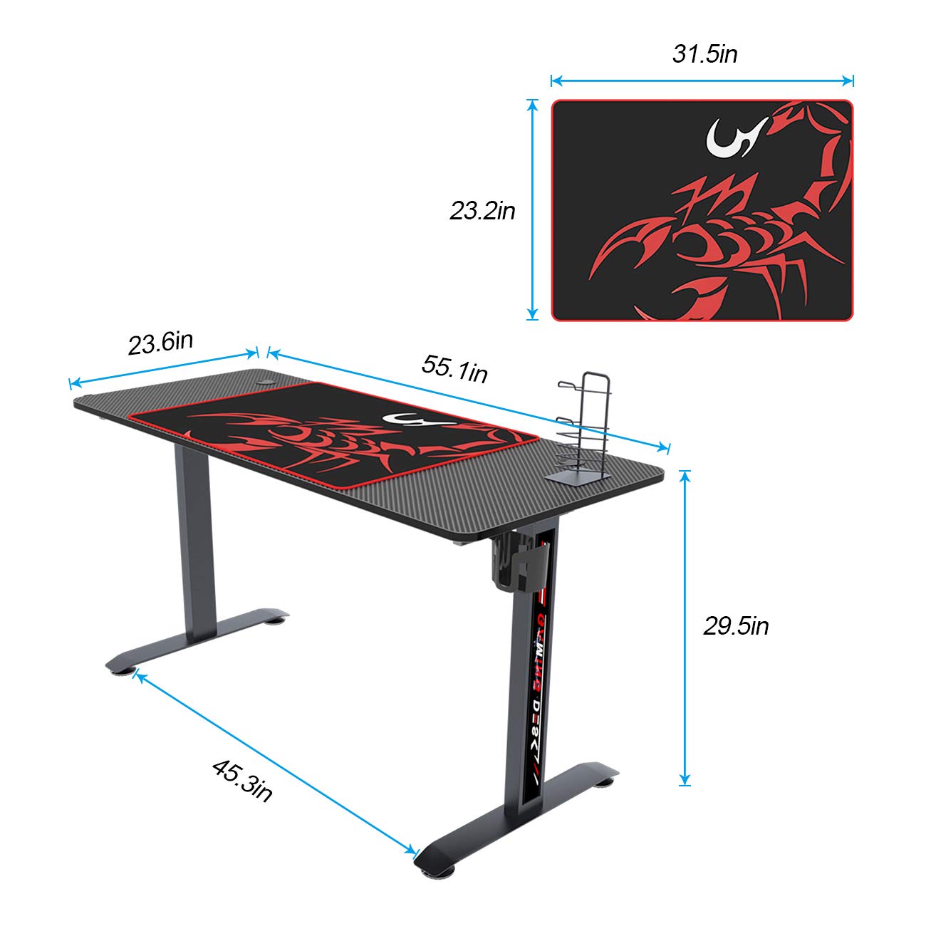 DlandHome 55 inches Gaming Desk, Large PC Gaming Table Computer Desk Workstation Racing Table E-Sports PC Desk with Cup Holder & Headphone Hook Powerful Cabling Management PC Desk, I55, Black