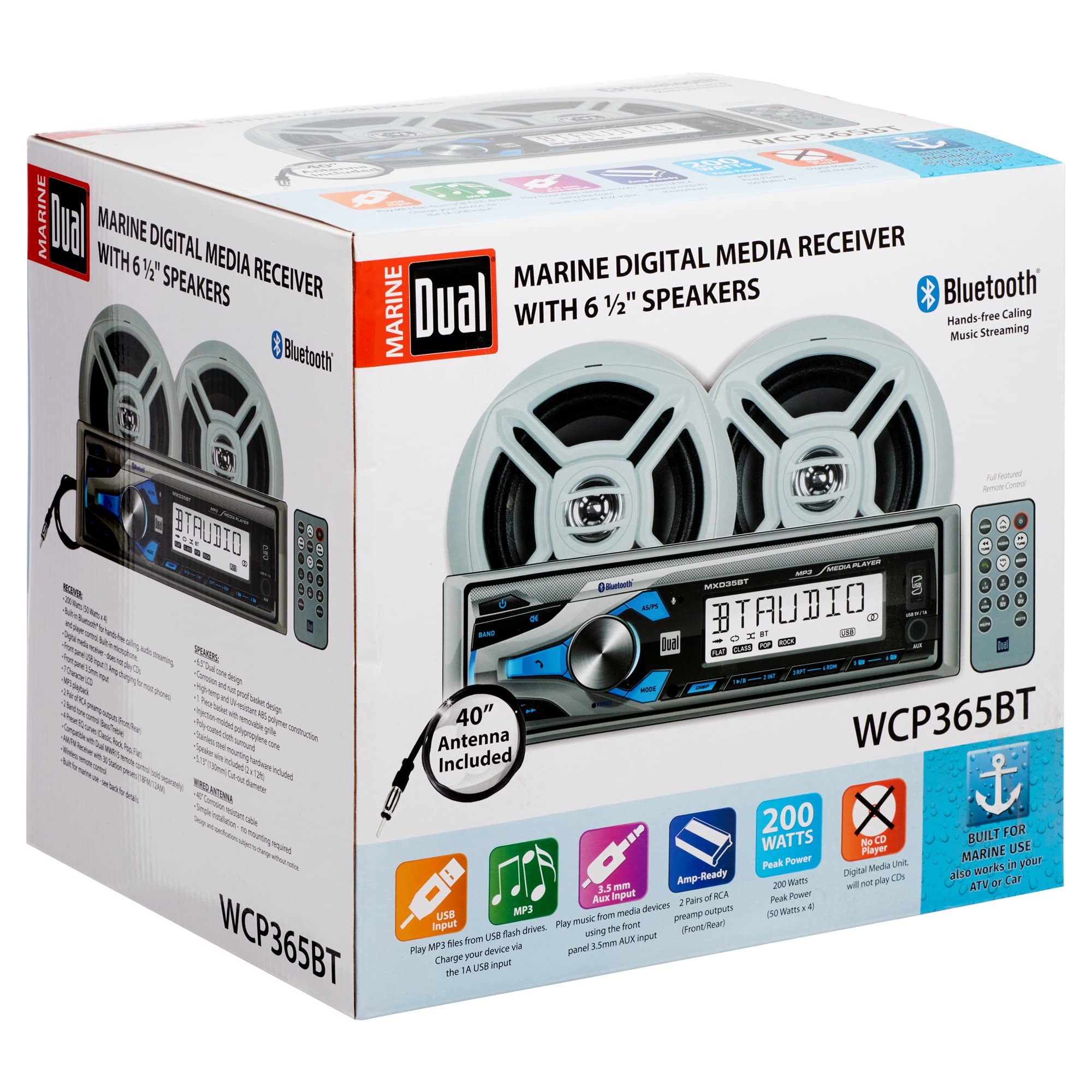 Dual Electronics WCP365BT Marine Single DIN Stereo Receiver with AM/FM Tuner, Built-in Bluetooth, USB Port, Two 6.5 inch Dual Cone Marine Speakers & Marine Antenna Combo
