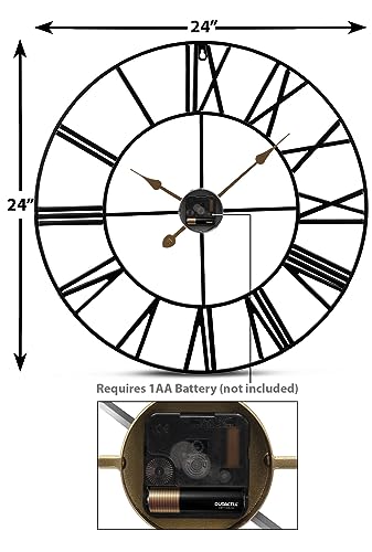 Sorbus Large Decorative Wall Clock 24 Inch, Oversized Centurian Roman Numeral Style Modern Home Decor Ideal for Living Room, Analog Metal Clock, 24" Round (Black)