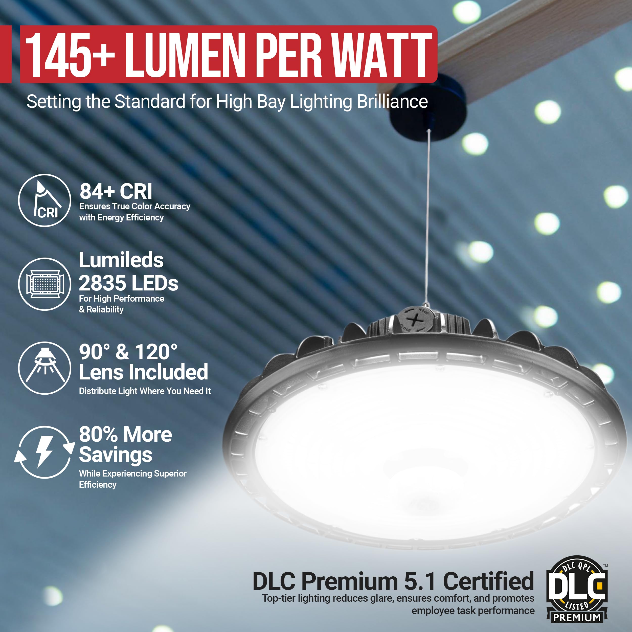 RuggedGrade 100 Watt - Corvus II Series - LED High Bay UFO - 14,500 Lumen - 4000K - DLC Premium 5.1