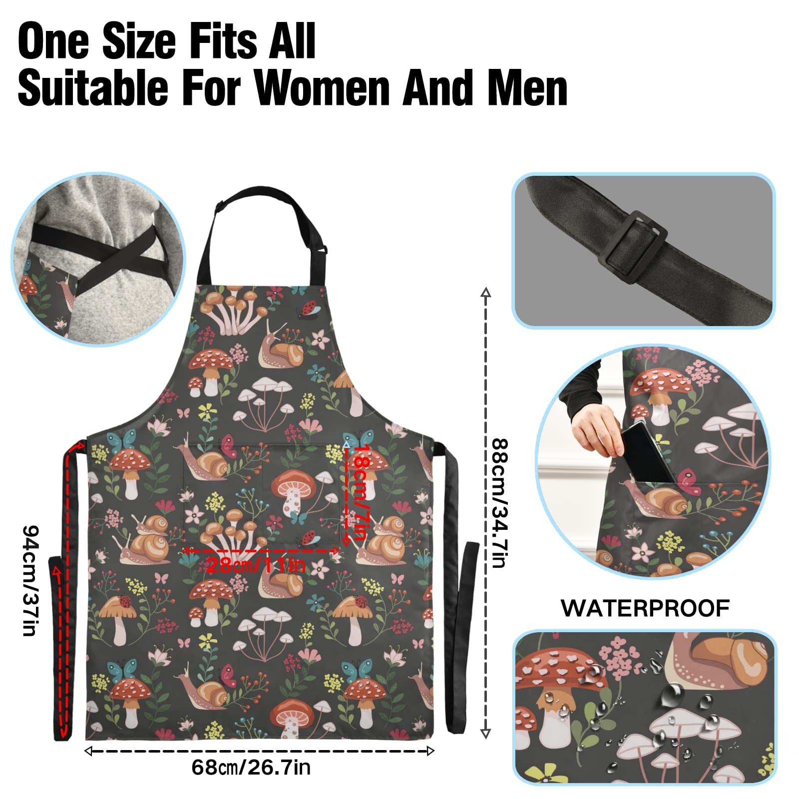 linqin Mushroom with Snails Aprons for Women Men Adjustable Bib Kitchen Chef Apron with 2 Pockets Long Ties for Cooking, BBQ
