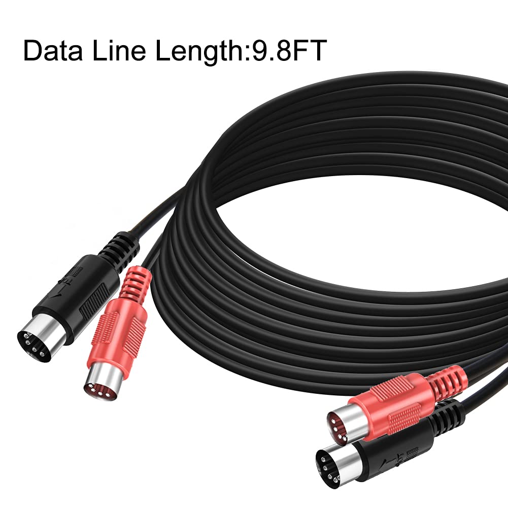 Dual MIDI Cable, Ancable Dual 5-Pin DIN to Male to Male for Carrying a Serial Digital Signal, 9.8 Feet with Molded Connector Shells(Black & Red)
