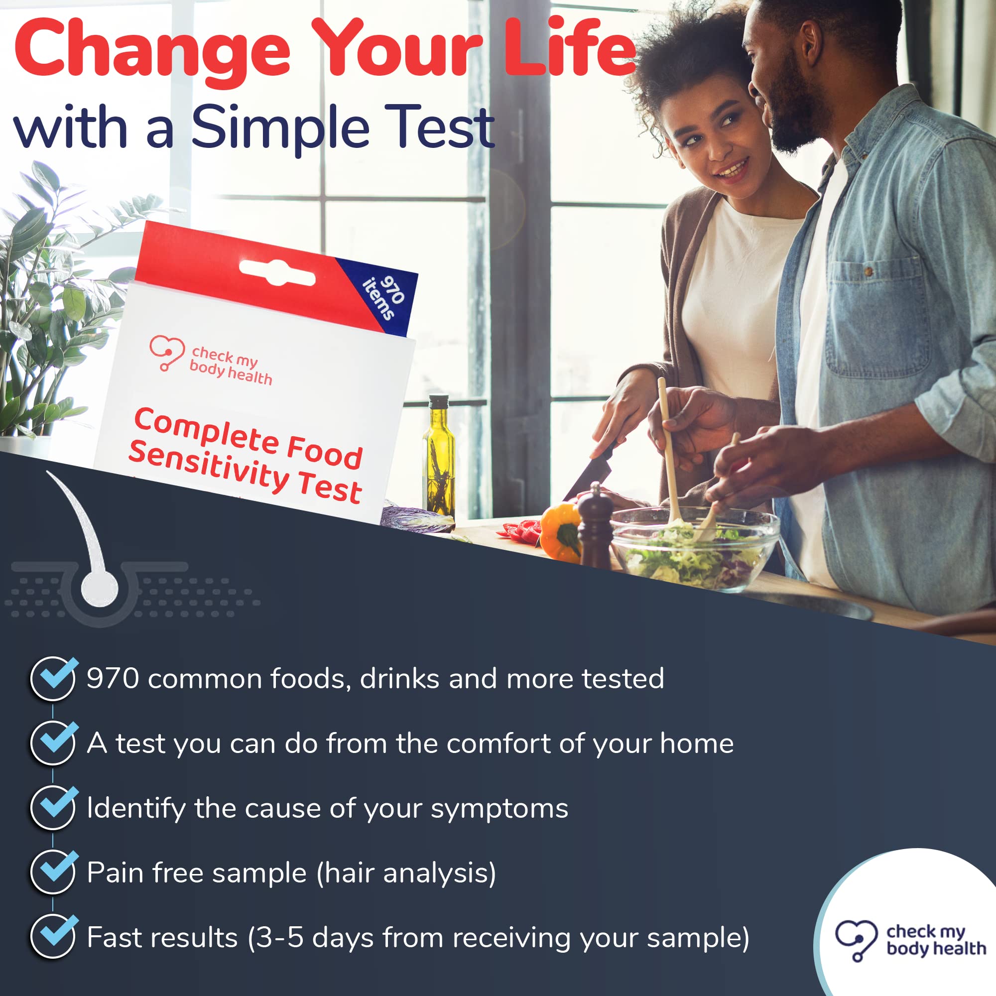 Check My Body Health | Complete Food Sensitivity Test | Check for 970 Different Intolerances | Easy to Use Home Hair Strand Testing Kit & Intolerance Screening for Adults | Results in 5 Days