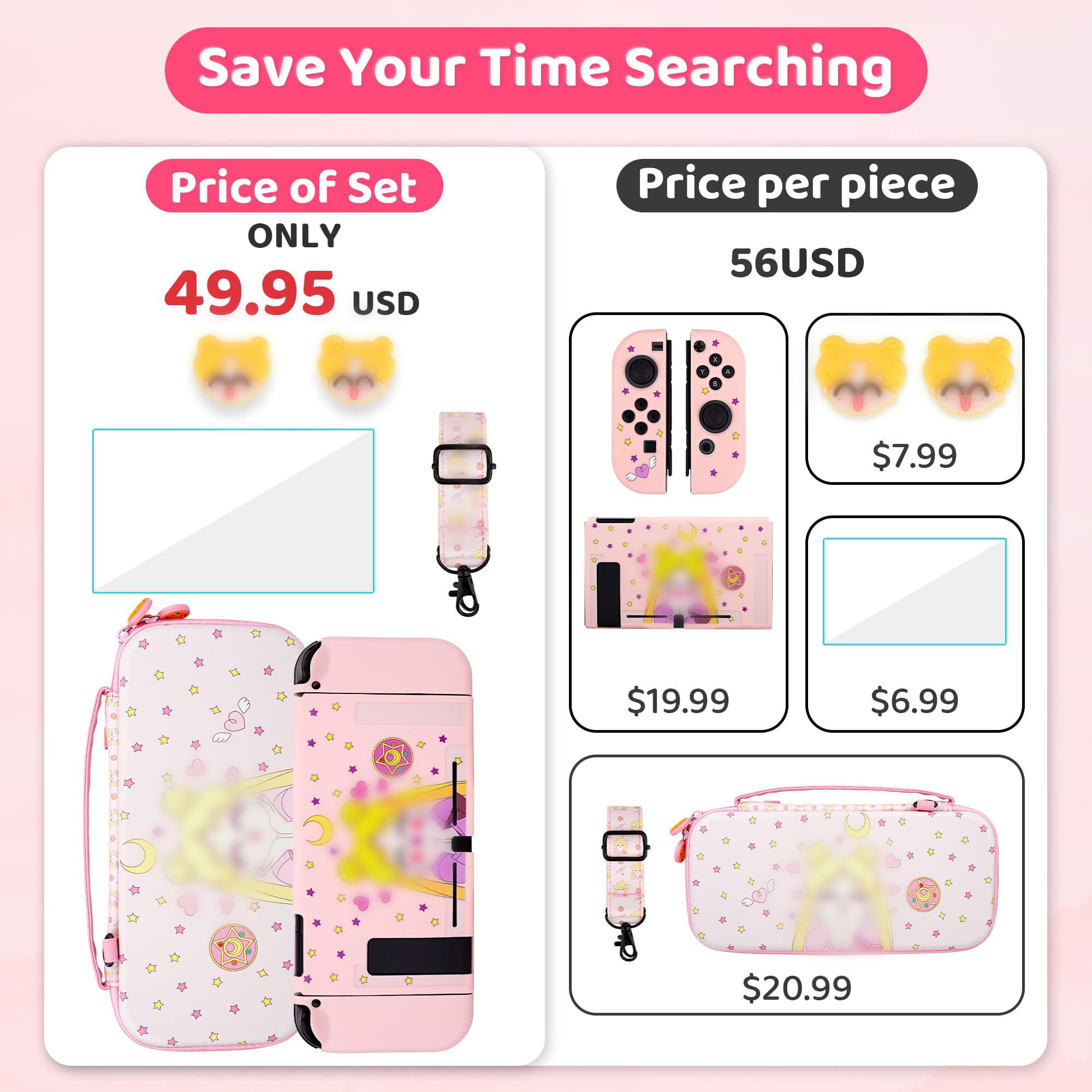 FUNDIARY Anime Girl Carrying Case for Nintendo Switch, Cute Travel Bag Storage Case for Switch and Accessories with Protective Shell, Screen Protector, Adjustable Shoulder Strap and 2 Thumb Grips