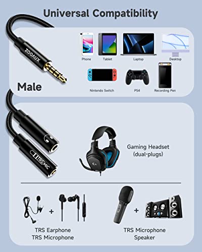 ZOOAUX 3.5mm Combo Audio Adapter Cable with Separate Mic and Audio Headphone Connector for PS4,PS5,Xbox One S,Nintendo Switch,Tablet,Mobile Phone,PC Gaming Headsets and New Version Laptop 13 Inch