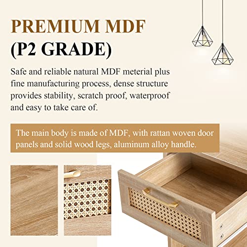 LETESA Rattan Nightstands Set of 2, with Rattan Decor Drawer and Open Shelf, Bed Side Tables with Solid Wood Feet, End Table, Night Stands, for Bedroom, Living Room (2, Natural-Square)
