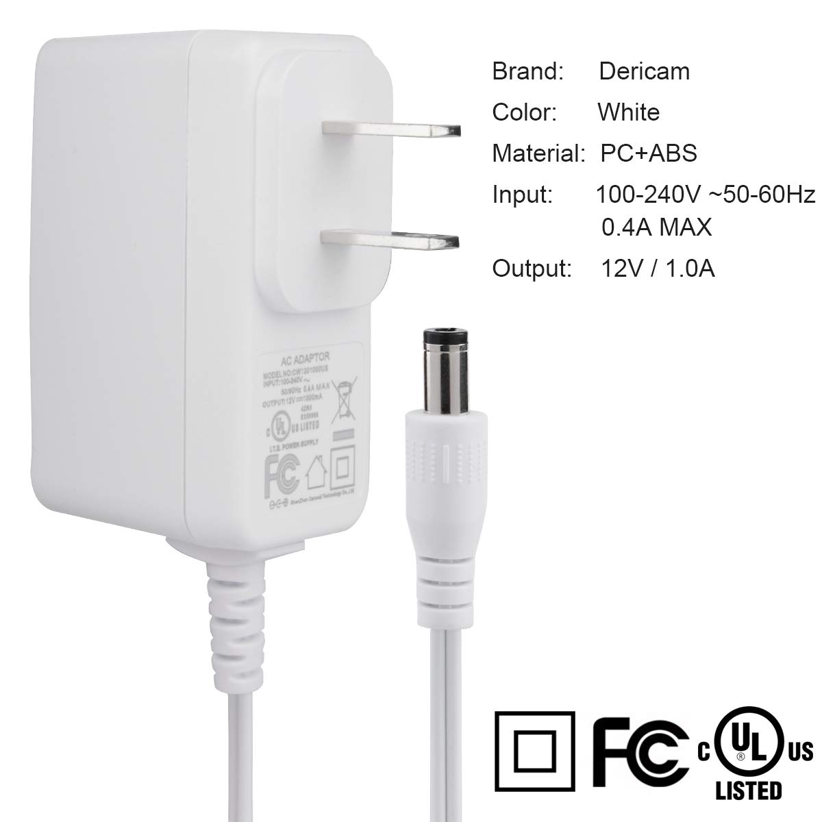 Dericam 12V 1A DC Power Supply Adapter for IP/CCTV Security Camera, 5ft/1.5 Meter AC to DC Power Cord, Wall Charger, Output DC 12V 1000mA, Input AC 100V-240V/50 or 60Hz/0.4A Max, US Plug, Black