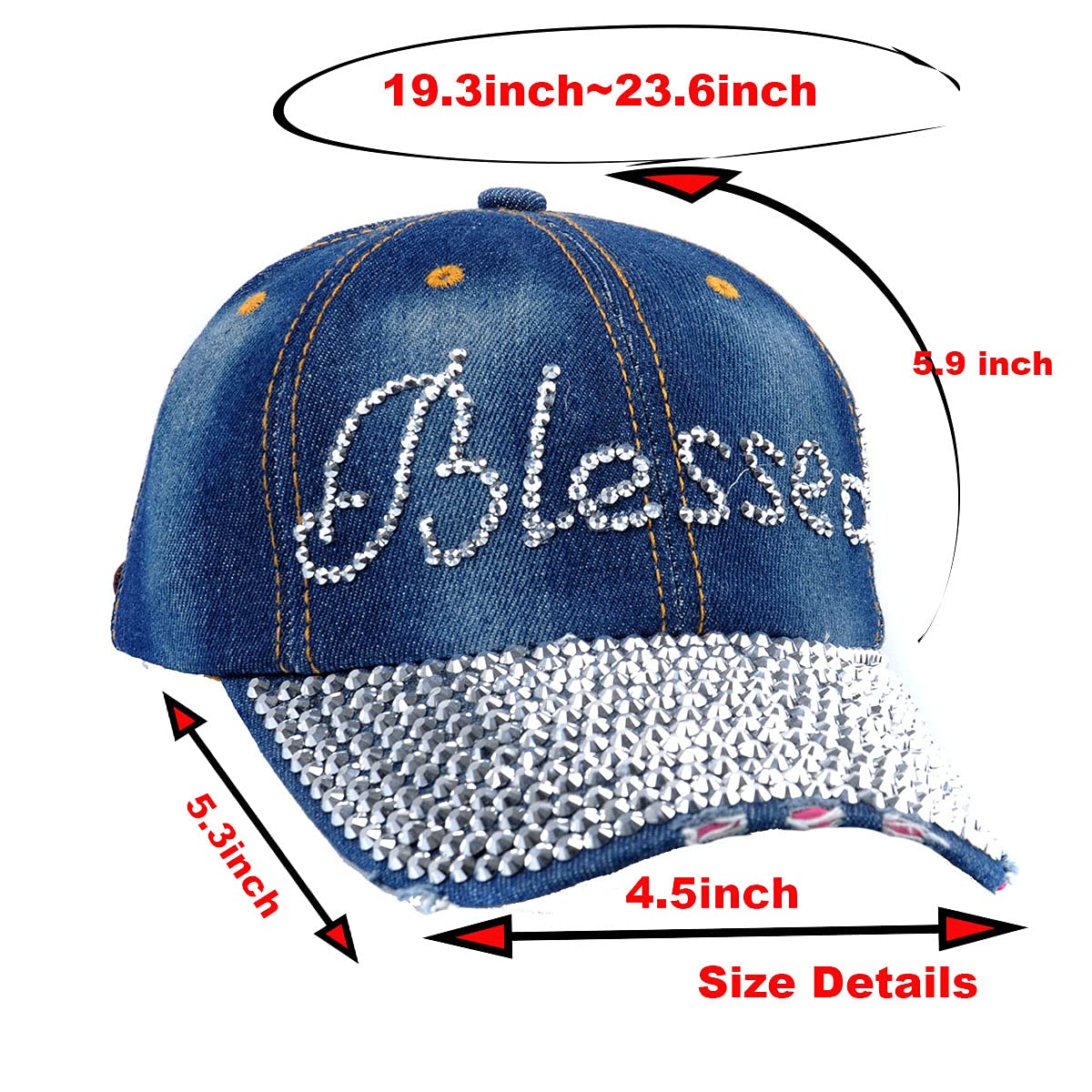 Elonmo Letter Blessed Design Womens Baseball Cap Bling Hat Rhinestone Jean Adjustable Luky Hat Gift for Her Blue