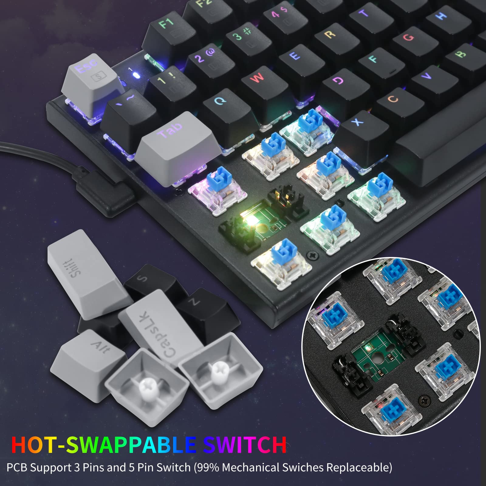 HUO JI E-YOOSO Z-19 Mechanical Gaming Keyboard with True RGB Backlit, 5 Pin Hot Swappable Blue Switches, Number Pad, Pro Software Supported, Wired Compact 94 Keys for PC/Computer, Black Grey