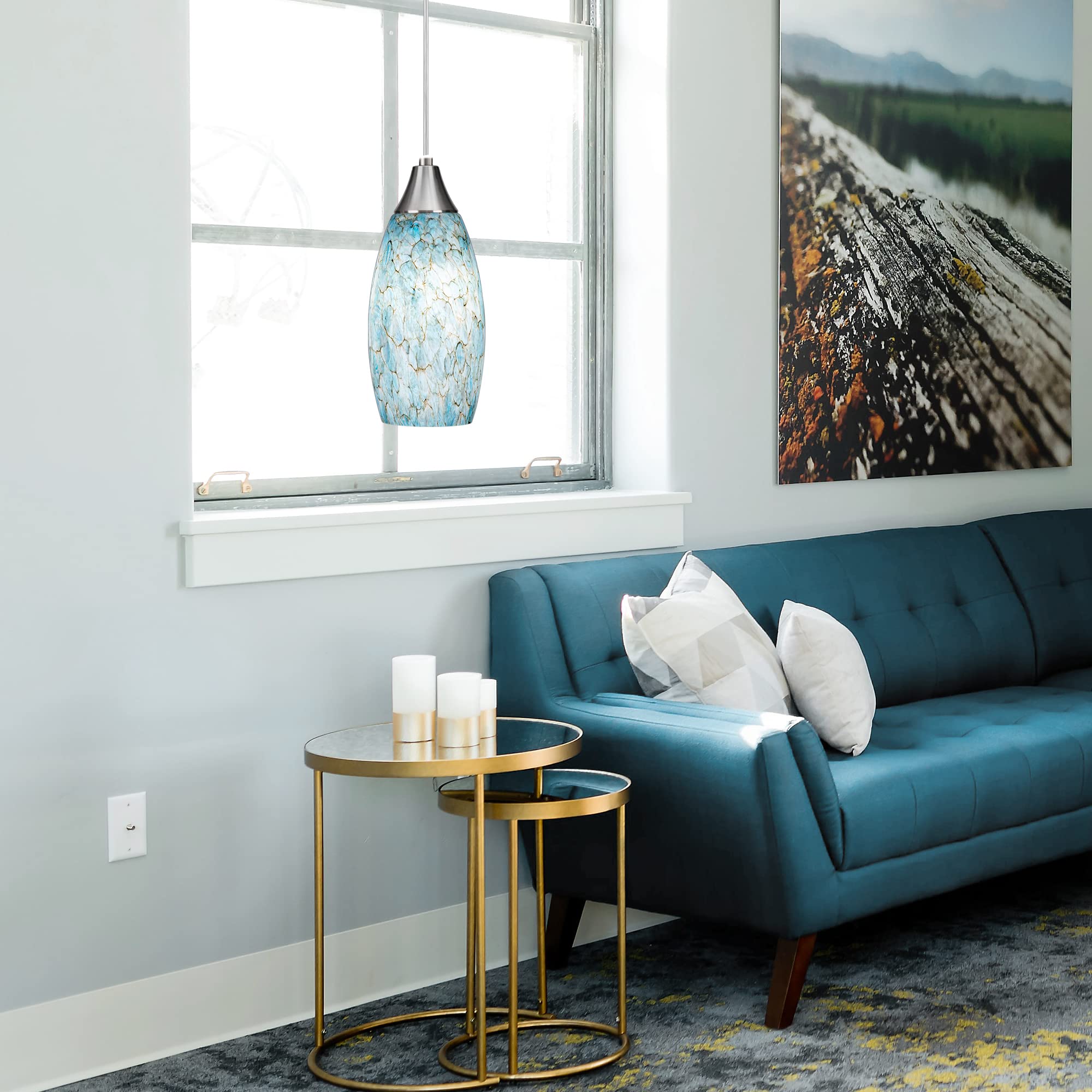 DEWENWILS EDISHINE Plug in Pendant Light, Hanging Light with15FT Adjustable Cord, On/Off Switch, Handcrafted Art Glass Shade, Hanging Light Fixture for Kitchen, Bathroom, Entryway, Light Blue