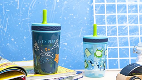 Zak Designs Campout and Camping Kelso Tumbler Set, Leak-Proof Screw-On Lid with Straw, Bundle for Kids Includes Plastic and Stainless Steel Cups with Bonus Sipper, 3pc Set, Non-BPA,15 fl oz