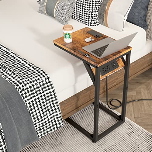 NONGSHIM Side Table, Slim C Shaped End Table with Charging Station, Small Snack Table for Living Room, Bedroom, Sofa Table with USB Ports and Outlets for Small Spaces, Rustic Brown