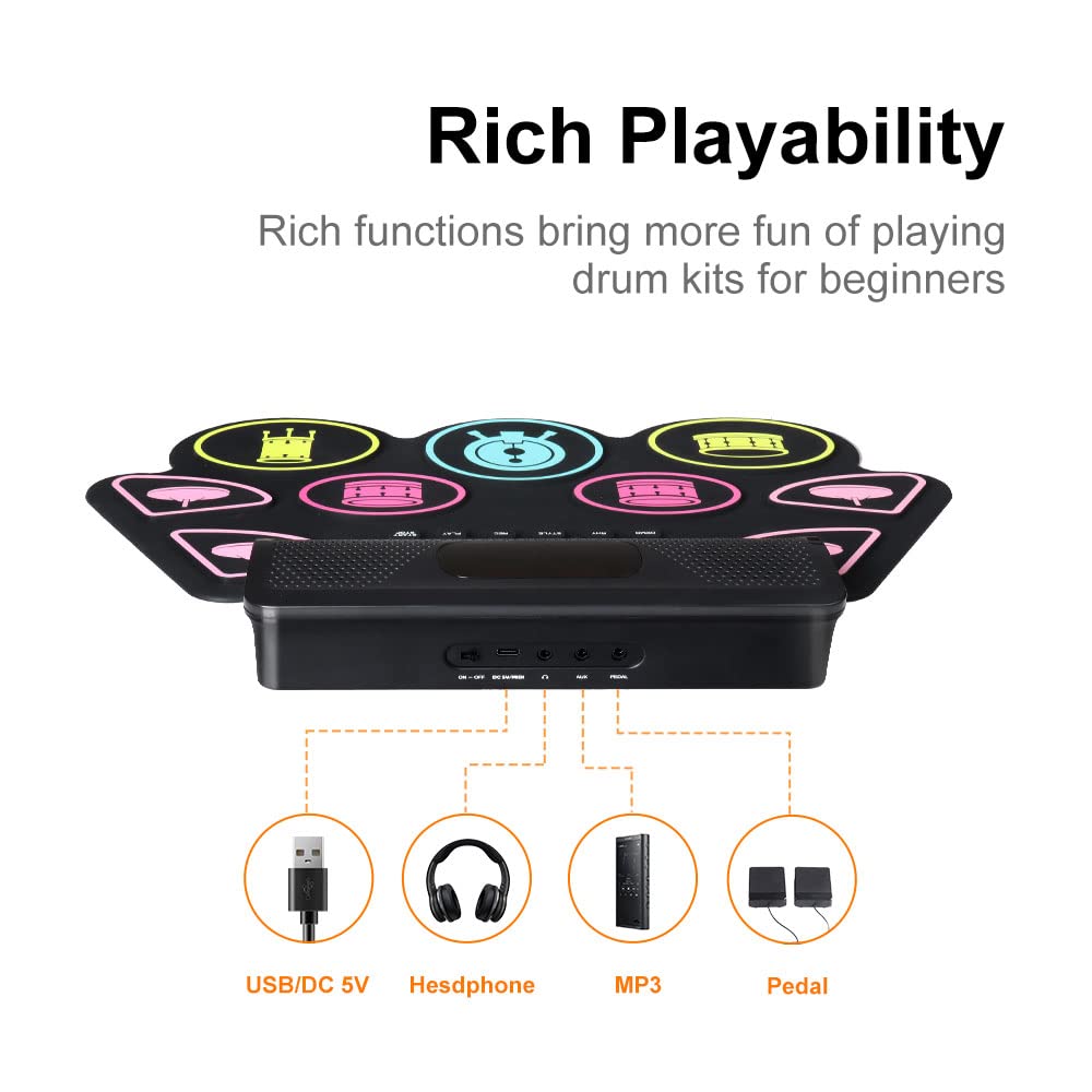 Electronic Drum Set for Kids & Adults, 9 Pads Roll Up Electric Drum Kit,2 Built-in Speaker, Headphone Jack, Portable Digital Midi Practice Drum Pad for Kids Beginners
