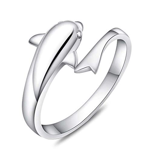 Chereda Vintage Dolphin Women Open Band Ring,Adjustable 925 Sterling Silver Plated Ring