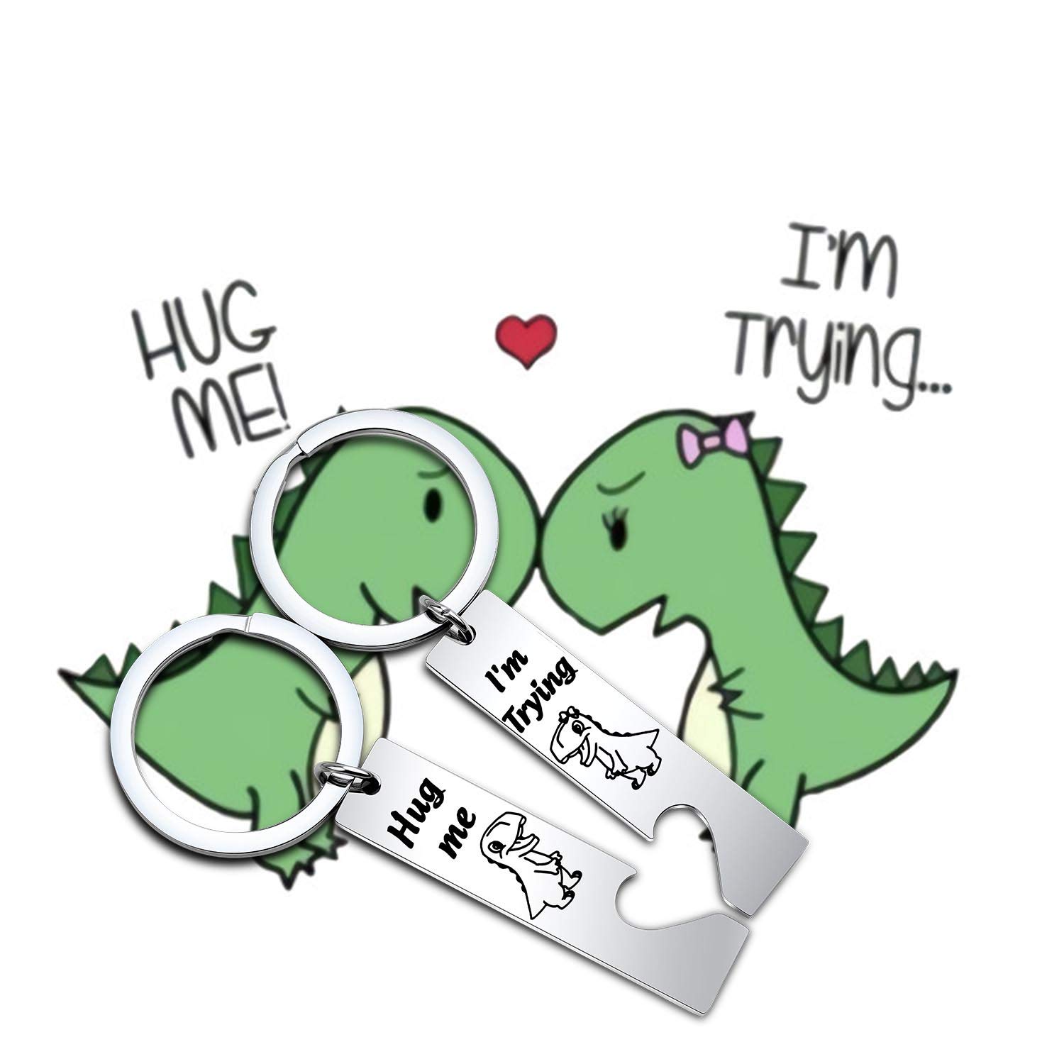 Dinosaur Couple Gift Dinosaur Puzzle Keychain Set Dino Fans Gift BFF T Rex Dinosaur Gift (Hug me I'm Trying set)