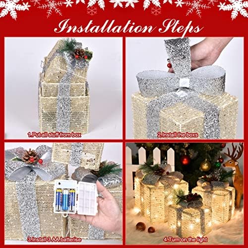 COVFEVER Christmas Lighted Gift Boxes, Pre-lit Lights Gold Linen Cloth Gift Boxes, Light up Present Boxes Set Battery Operated with Different Sizes for Holiday Indoor Outdoor Decorations