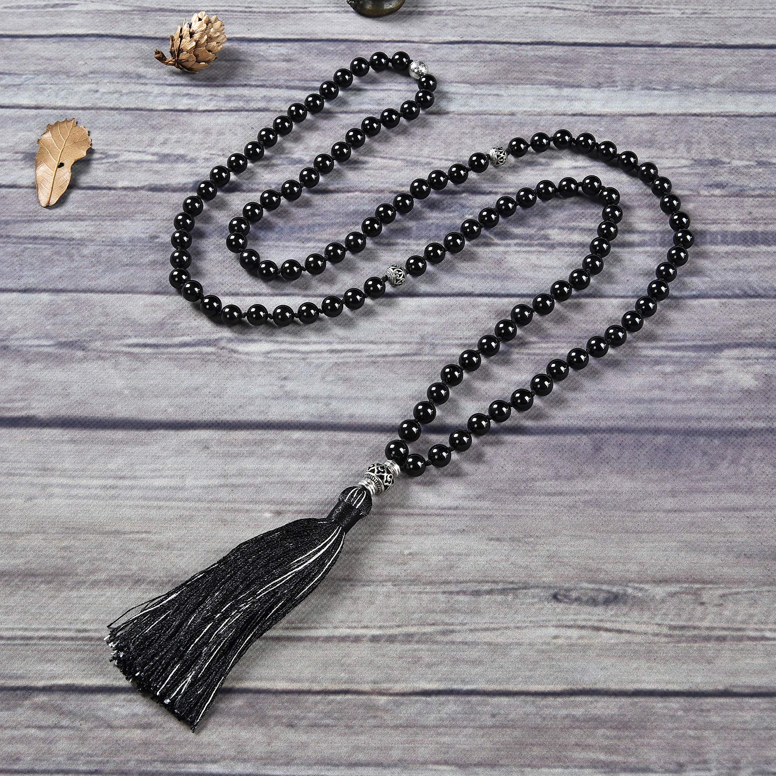 Cherry Tree Collection Mala Necklace | 108 Hand-Knotted 8mm Gemstone Round Beads, Antiqued Guru and Counter Beads, and Tassel | Meditation, Buddhist Prayer, Healing (Black Tourmaline)