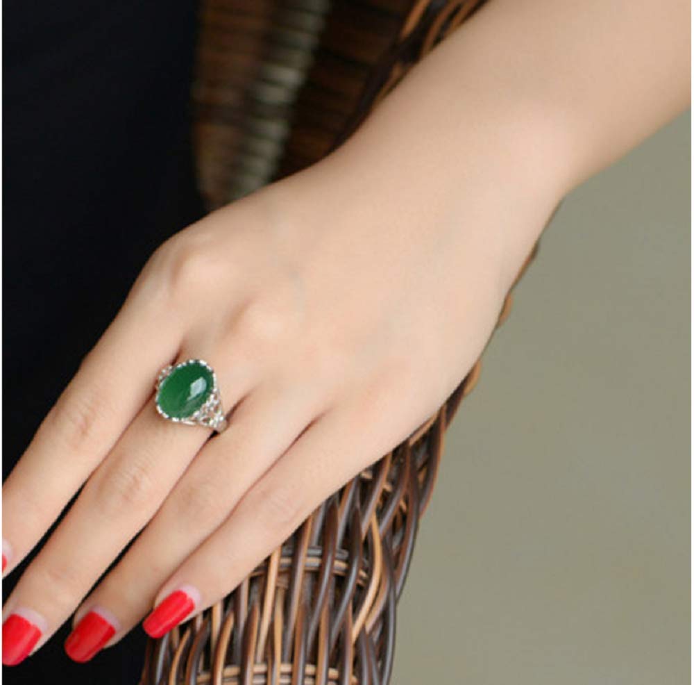 Duan 925 Sterling Silver Green Agate Crystal Ring Emerald Vintage Inlaid Chalcedony Index Finger Opening Adjustable Female Ring