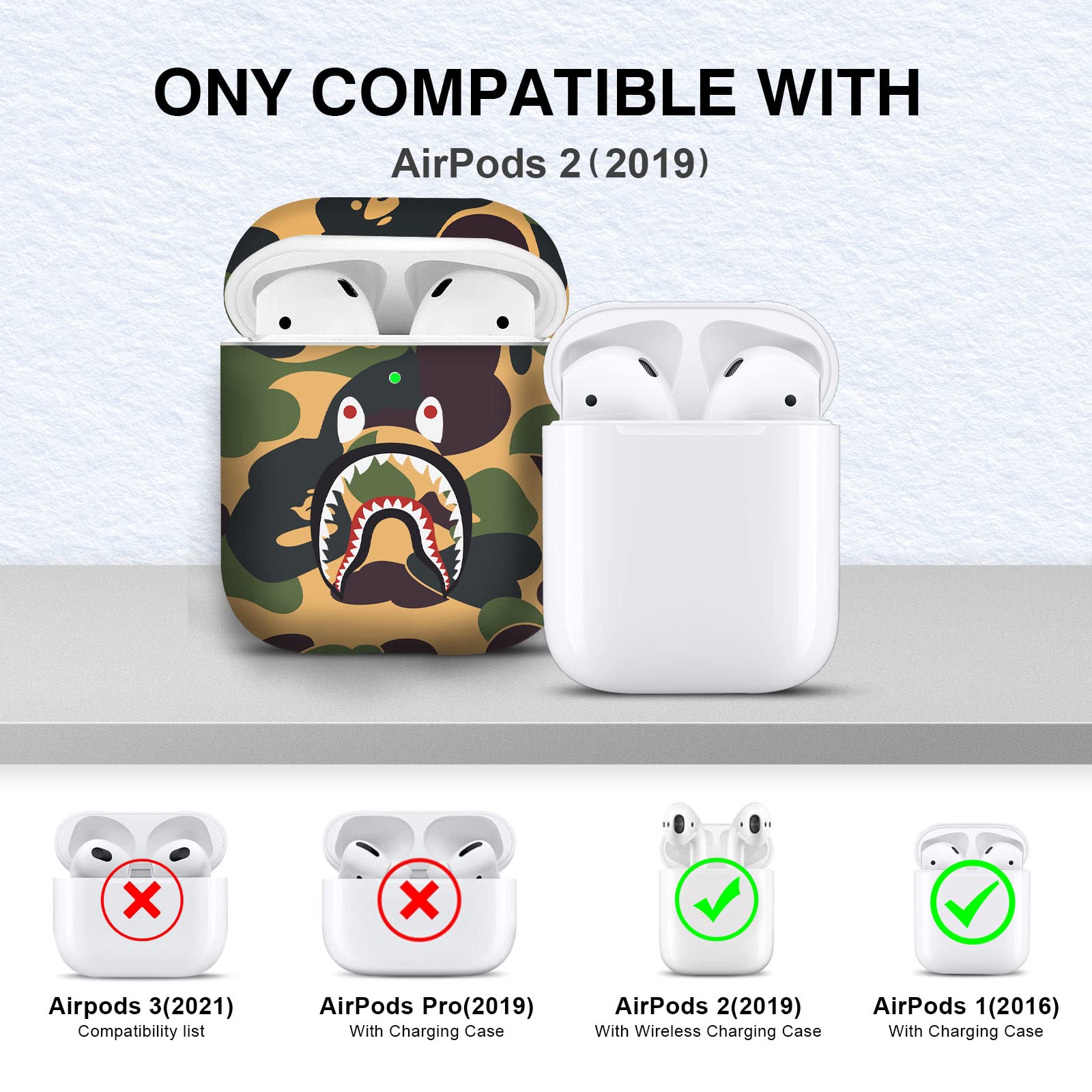CULIPPA for AirPods 2 Case Cover Shark Mouth Camo Style pattern Design for Airpods 2nd Generation Silicone Protective Case Shockproof for Women Girls with Keychain for Apple Airpods 2/1 Charging Case