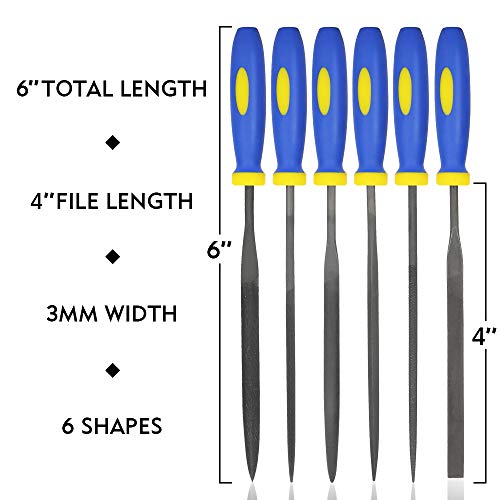 KALIM Mini Needle File Set (Carbon Steel 6 Piece-Set) Hardened Alloy Strength Steel - Set Includes Flat, Flat Warding, Square, Triangular, Round, and Half-Round File(6'' Total Length)