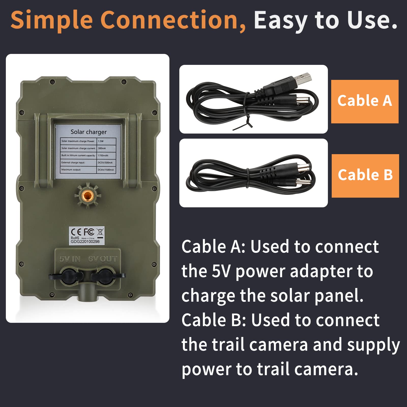 FOCUHUNER Trail Camera Solar Panel, Solar Battery Charger Kit 6V/1.5A with Build-in 1700mAH Rechargeable Lithium Battery IP66 Waterproof Hunting Accessory, Solar Panel for Trail Camera(3.5MM*1.35MM)