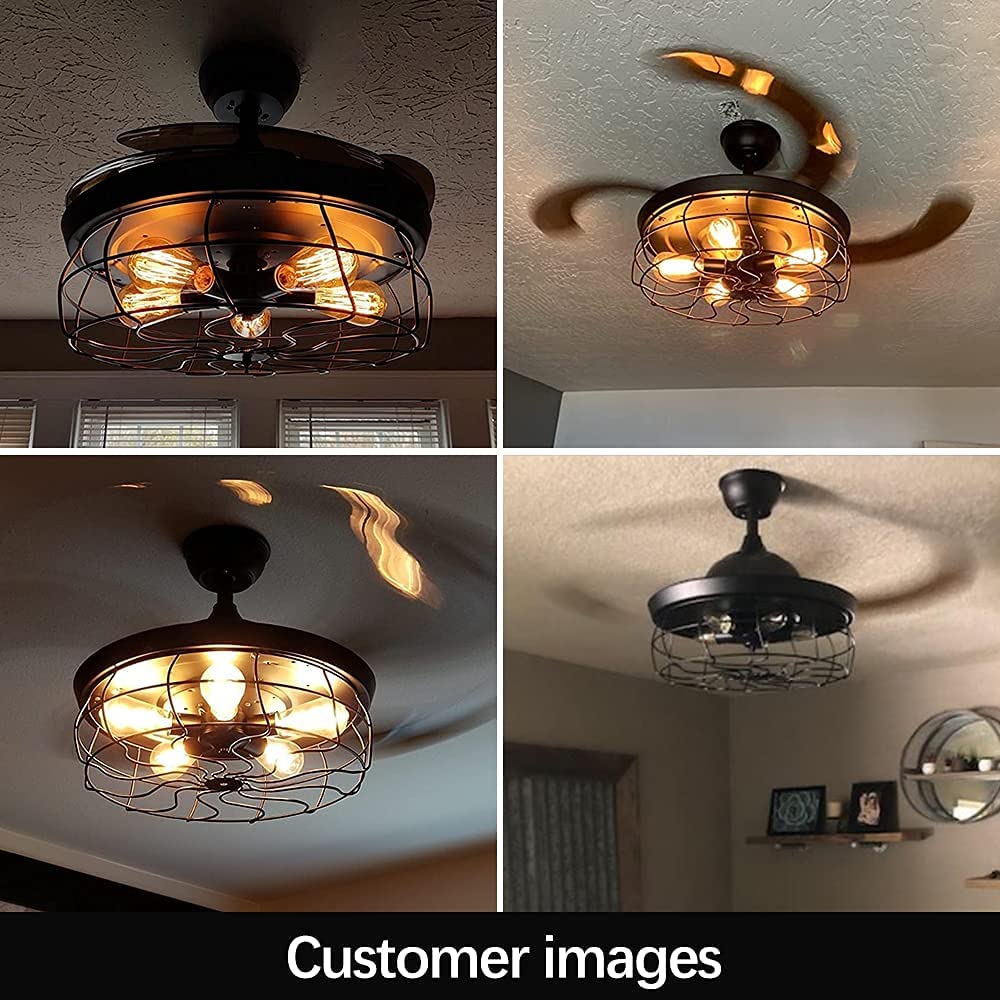 DLLT Ceiling Fan with Lights-42 Industrial Ceiling Fan with Retractable Blades, Vintage Cage Ceiling Light Fixture with Remote for Dining Room, Living Room, 5 E26 Bulbs Not Included, Black