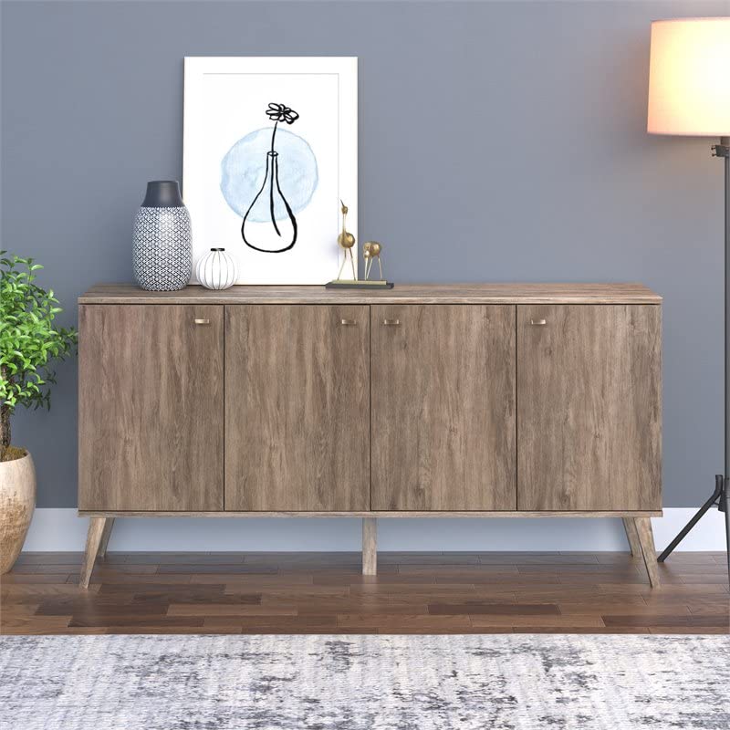 Prepac Milo Mid-Century 4 Door Buffet, 16" D x 64" W x 32" H, Drifted Gray