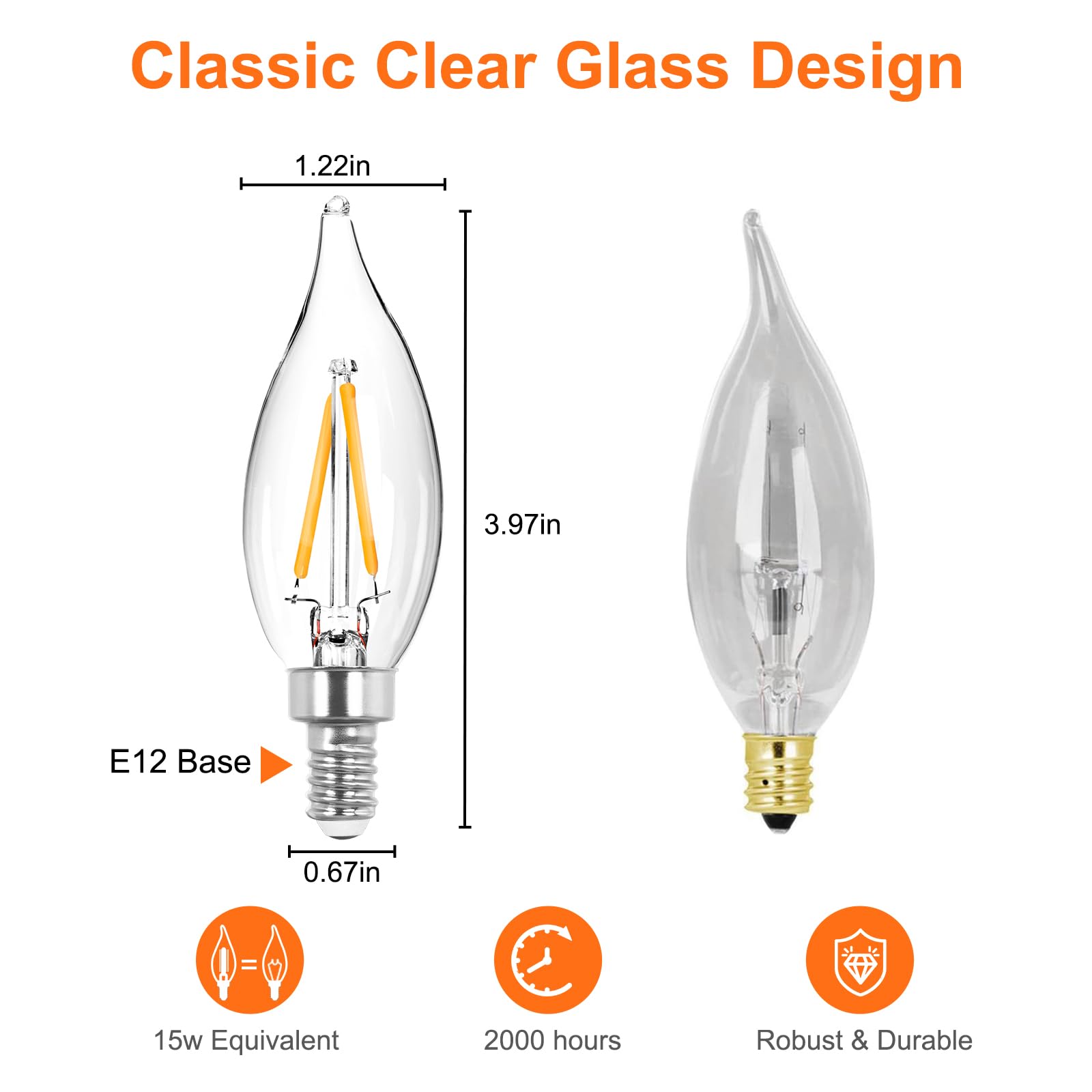 DGE 40 Watt Warm White Ceiling Fan Light Bulbs C32 Chandelier Light Bulbs Bright and Long Lasting 380 Lumen Bent Tip Light Bulb with E12 Candelabra Base, 12 Packs