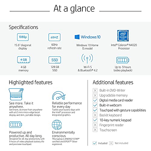HP 15.6in FHD, Celeron N4020, 4GB RAM, 128GB SSD, Windows 10 Home in S Mode, Free one Year Microsoft Office, EROSEFLAMINGO Accessories, 15-dw1001wm