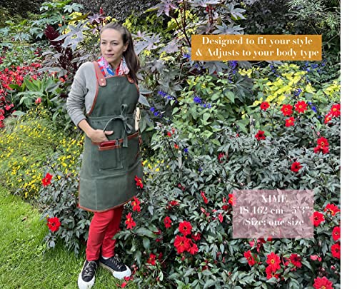 Garden Apron for Women Men, Gardening Apron with Pockets and Adjustable Leather Straps, Canvas Waist Kitchen Apron for Harvesting Weeding Gardening Cooking Baking, Gardener Gift Idea