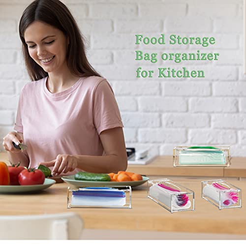 Ziplock Bag Organizer for Drawer, Baggie Organizer for Kitchen Plastic Bag Storage, Sandwich Freezer Snack Organizer Box for Ziploc Hefty Quart Slider Bags, 4 Separate Clear Acrylic Containers