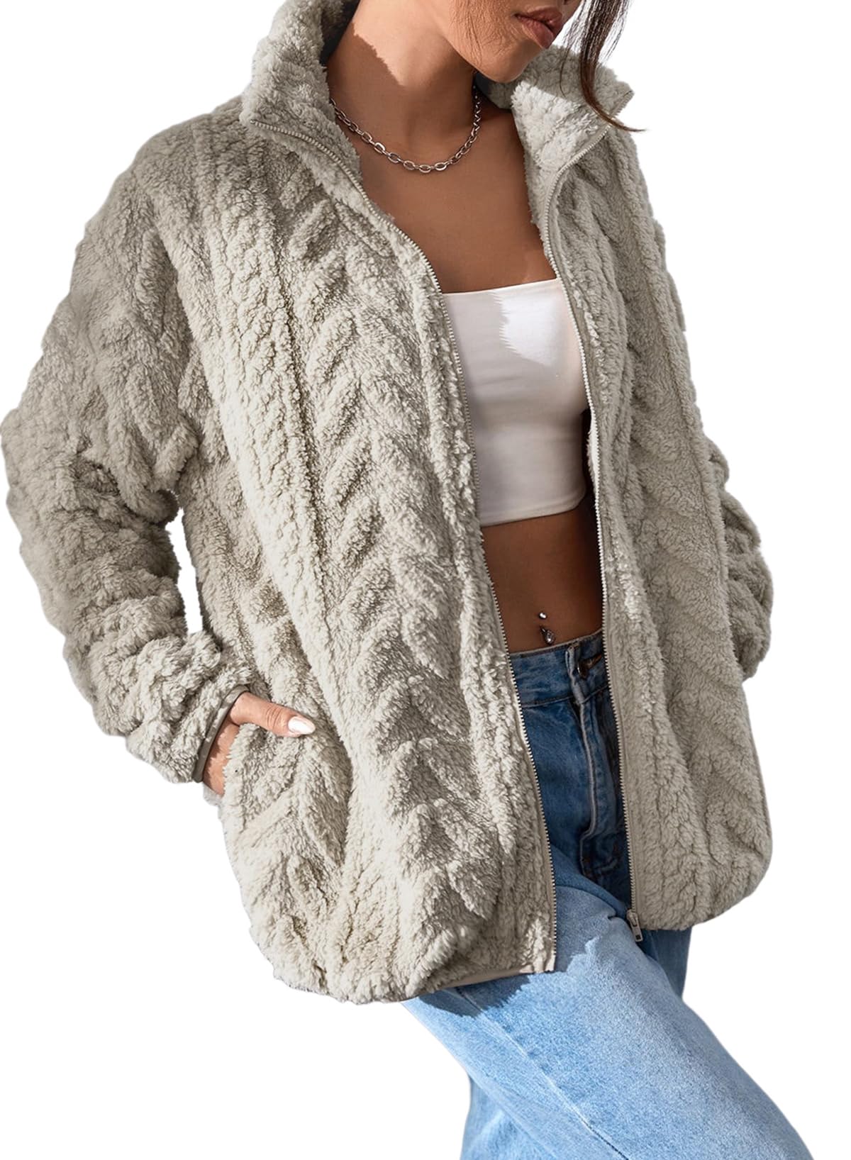 Dokotoo Fleece Womens Jackets Soft Zipper Up Winter Long Sleeves Side Pockets Plus Size Coats 2023,Khaki Medium