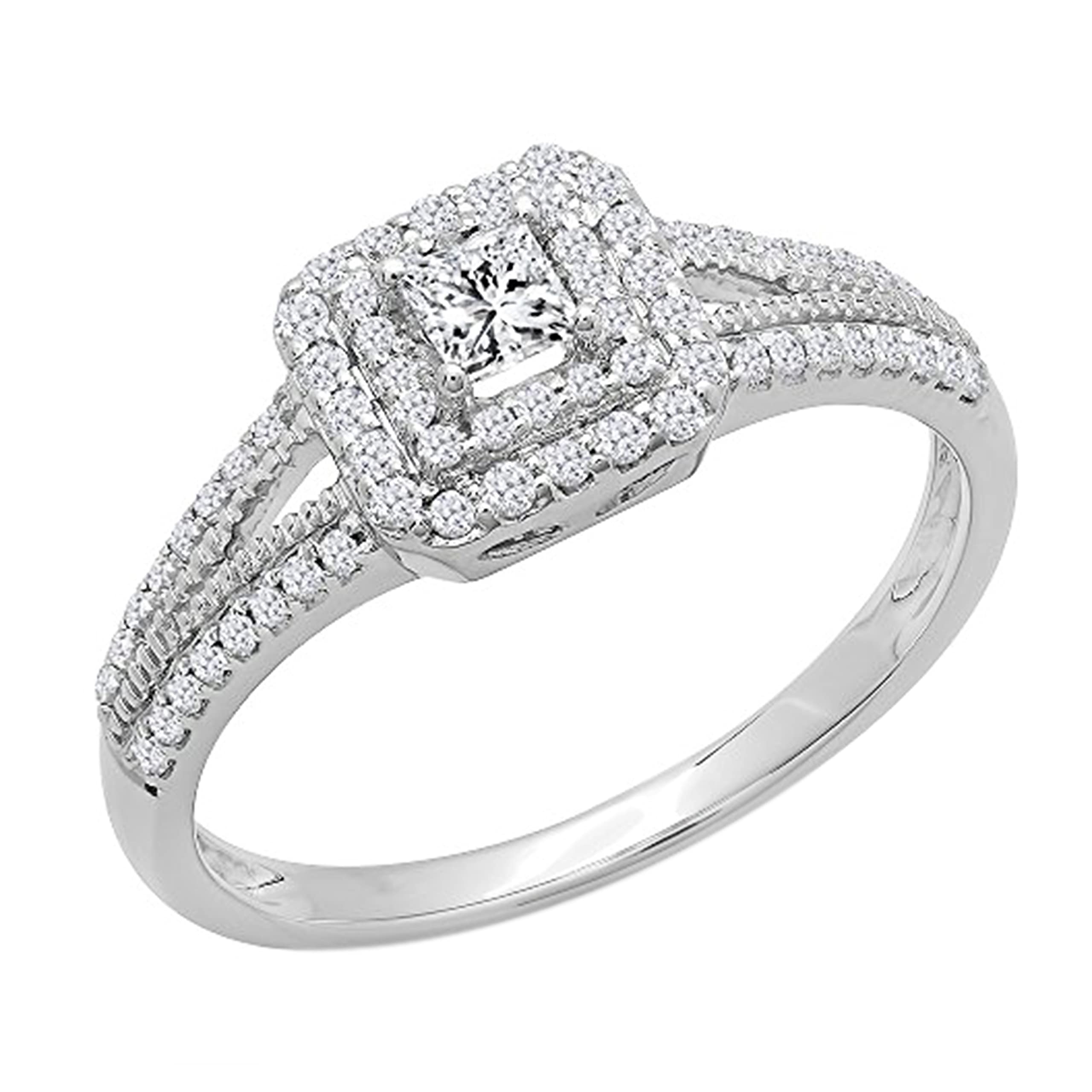 Dazzlingrock Collection Princess & Round White Diamond Halo Style Wedding Ring for Her 1/2 CT (0.50 ctw, Color I-J, Clarity I1-I2) in 14K White Gold, Size 10