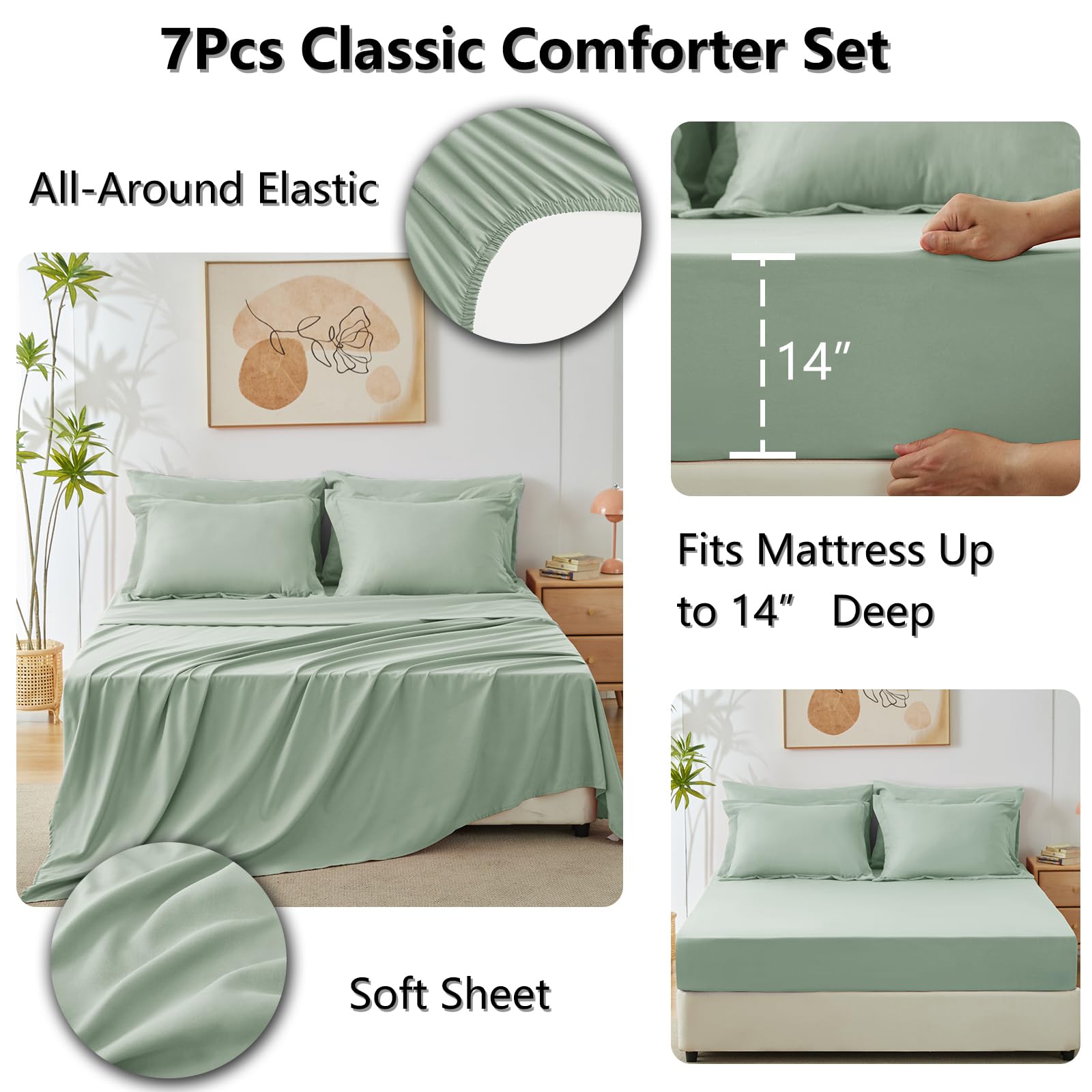 CozyLux Queen Comforter Set with Sheets 7 Pieces Bed in a Bag Sage Green All Season Bedding Sets with Comforter, Pillow Shams, Flat Sheet, Fitted Sheet and Pillowcases