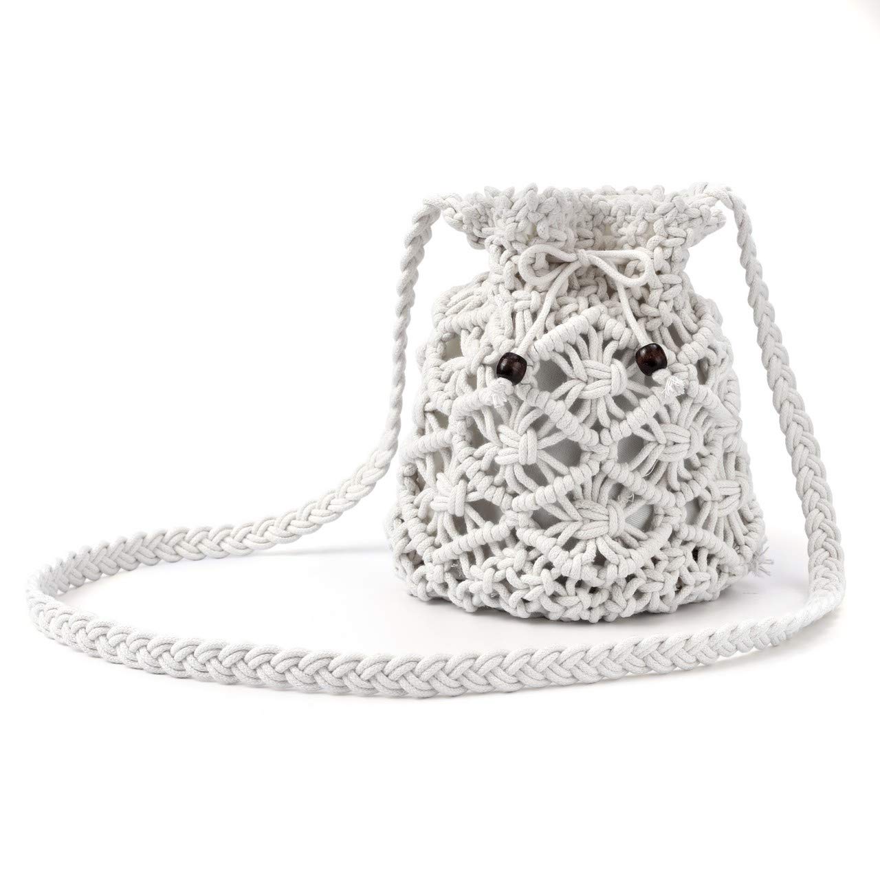 CHIC DIARY Women Cotton Crochet Crossbody Bag Handmade Woven Beach Bohemian Shoulder Purse (White)