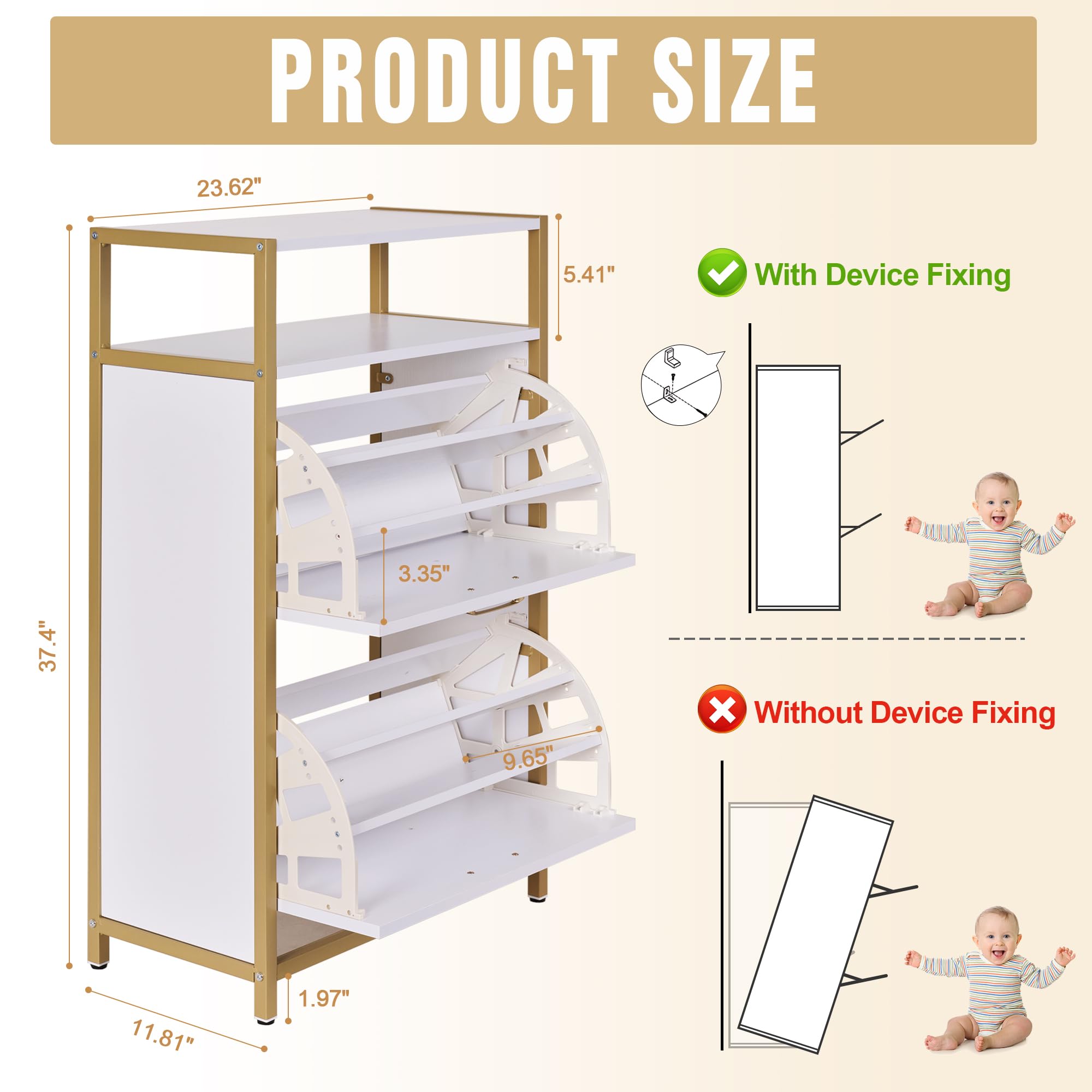 VECELO Shoe Storage Cabinet with 2 Flip Drawers for Entryway, Modern Slim Hidden Freestanding Organizer with Metal Legs for Hallway, Living Room, Large Capacity, Suit for Size to 8, White