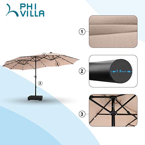 PHI VILLA 15ft Large Patio Umbrella with Solar Lights, Double-Sided Outdoor Market Rectangle Umbrellas with 36 LED Lights, Base (Stand) Included, Beige